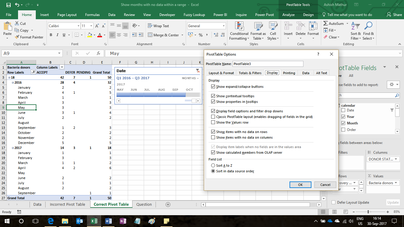 Show Months With No Data Which Fall Within A Certain Date Range Of A Pivot Table